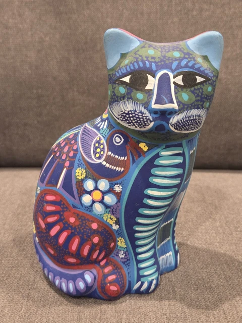 CAT FIGURINE MEXICAN Talavera Pottery Folk Art Hand Painted Blue ...