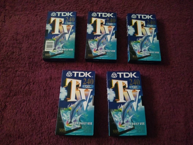 5 PRE-USED VHS video cassettes 2 TDK E240 & 3 JVC E180 in TDK boxes ...