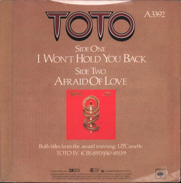 TOTO I WON'T Hold You Back 7" vinyl UK Cbs 1983 orange injection label ...