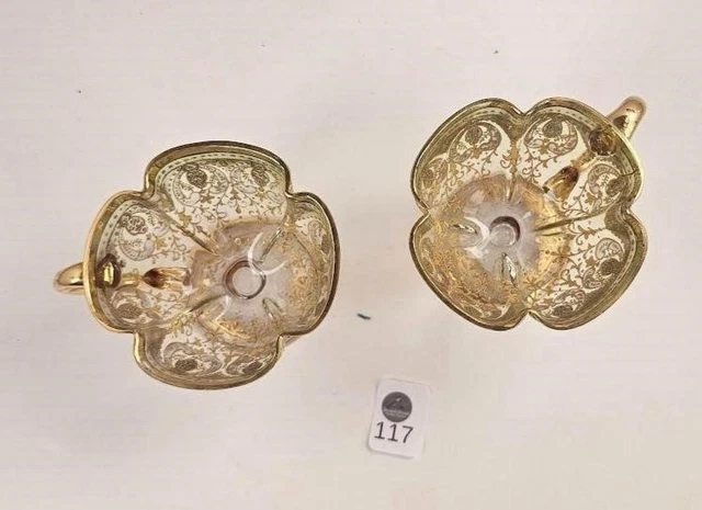 2 ANTIQUE MOSER Bohemian Glass Quatrefoil Cups, Footed Gilded Gold 19th ...