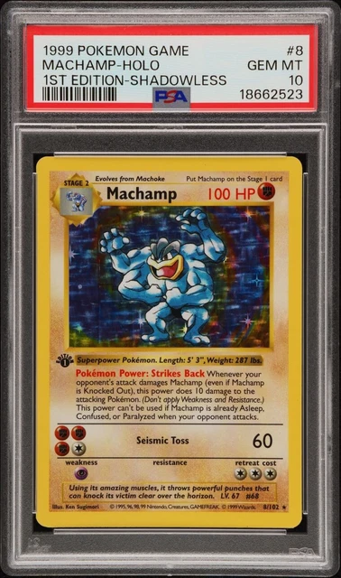 1999 POKEMON 1ST Edition Shadowless Machamp Base Holo #8 PSA 10 GEM ...