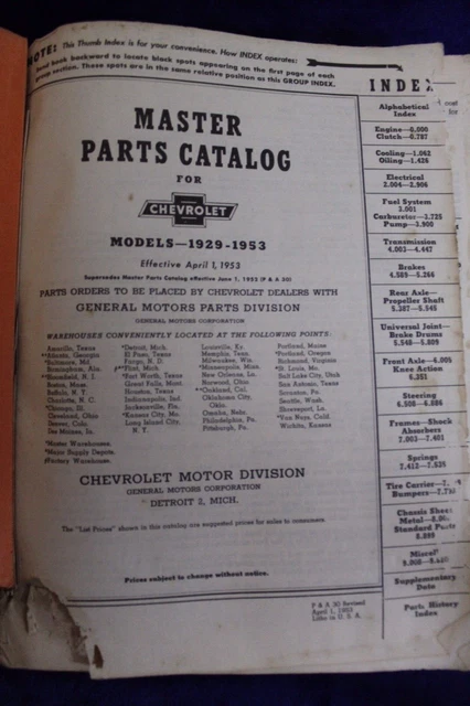 1929-1953 CHEVROLET MASTER Parts Catalog 6 Cylinder Genuine Parts $35. ...