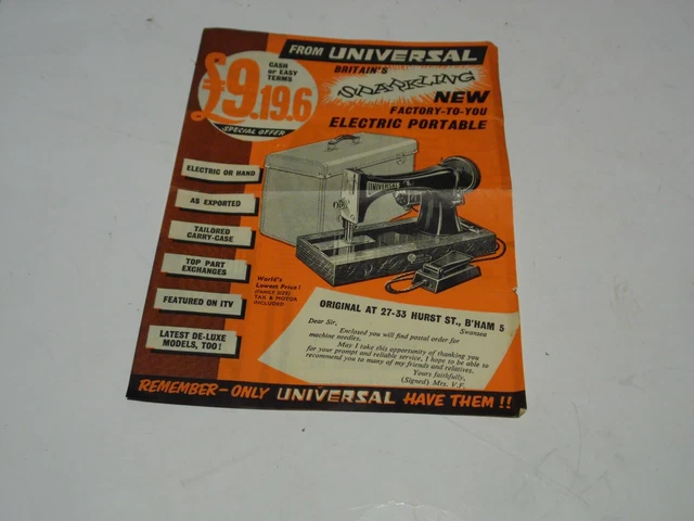 VINTAGE UNIVERSAL ELECTRIC portable sewing machine advertising leaflet ...