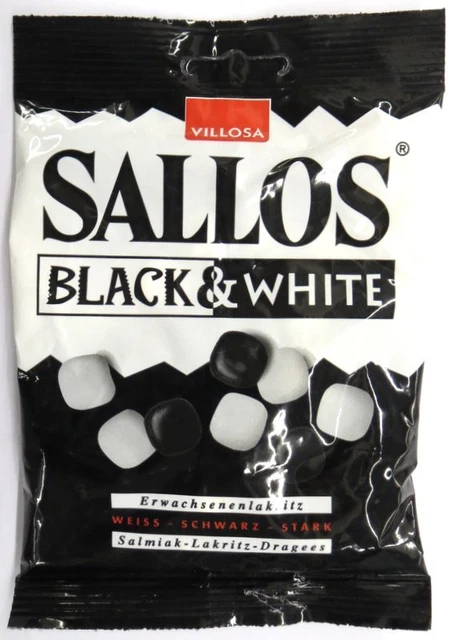 10X VILLOSA SALLOS BLACK & WHITE SALMIAK LAKRITZ DRAGEES 135g EUR 10,99 ...
