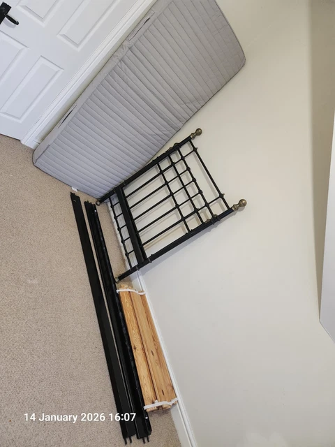 SINGLE VICTORIAN STYLE black metal bed, with brass effect finials and ...