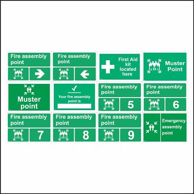 FIRE MUSTER SIGNS Assembly Employees Safety Route Visitors Escape Exit ...