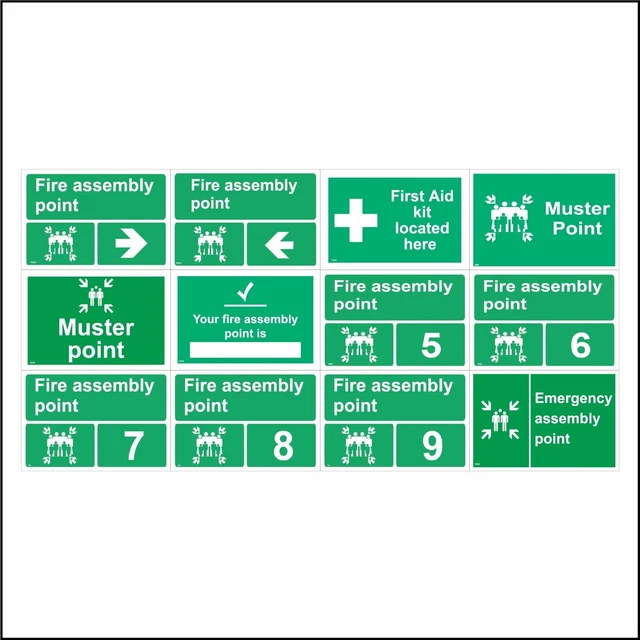 FIRE MUSTER SIGNS Assembly Employees Safety Route Visitors Escape Exit ...