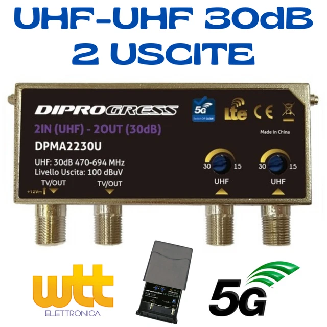 AMPLIFICATORE ANTENNA TV DA PALO UHF-UHF 30dB 5G 2 USCITE EUR 17,90 ...