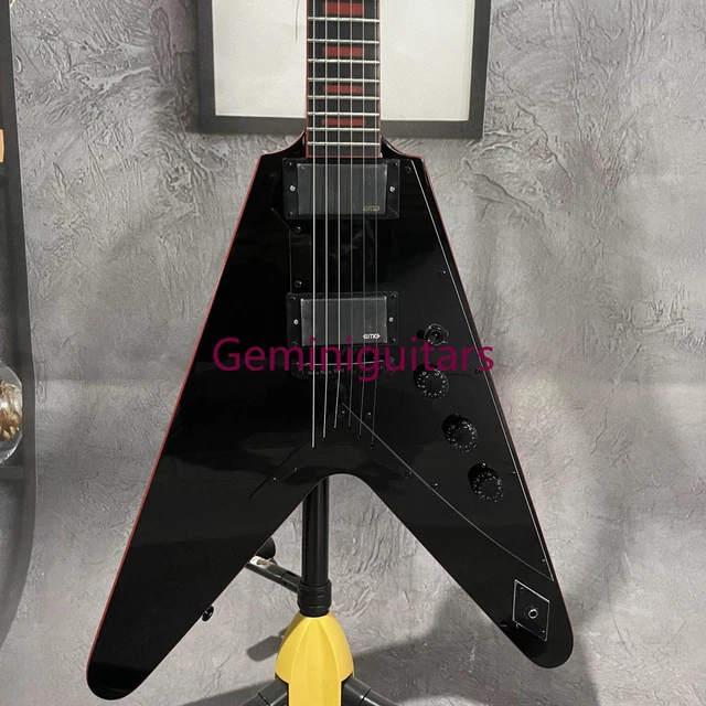 SOLID BLACK FLYING V Electric Guitar 2EMG Pickup String Thru Body Black ...