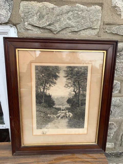 ANTIQUE CIRCA 1905 Lithograph Etching Art Shepherd With Sheep Signed £ ...
