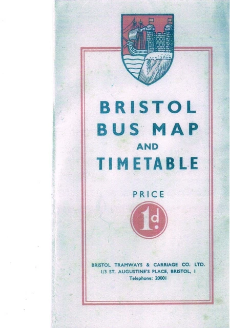 VINTAGE BRISTOL `BUS Map And Timetable. Price 1d. circa 1930s - 1950s ...