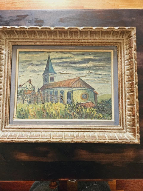 JOLI TABLEAU,DANS UN beau cadre en bois ,,la nature et l'église ...