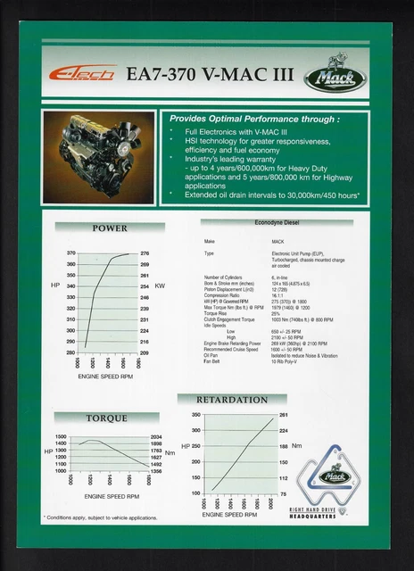 MACK TRUCKS EA7-370 V-Mac 111 Engines Specifications Brochure $27.50 ...