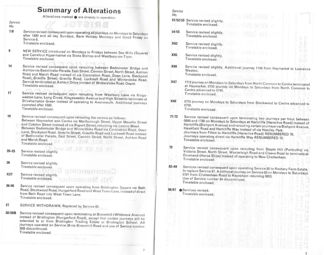 BRISTOL OMNIBUS CO Revised Bristol City Services 7.11.1982 £1.92 ...