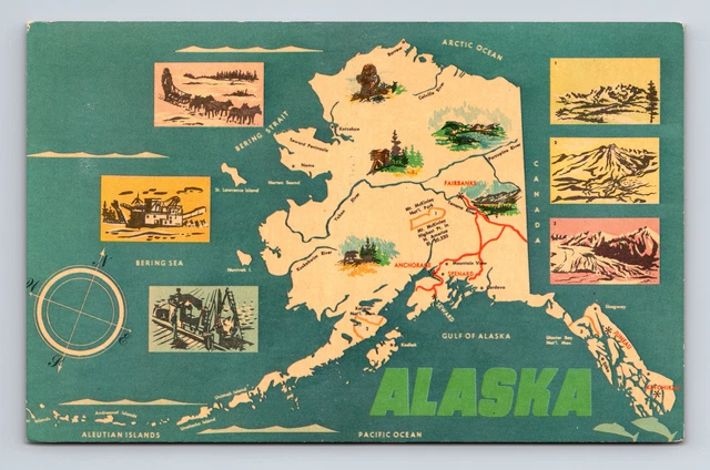 PICTORIAL MAP OF Alaksa Linoleum Cut Art Alaska AK Postcard £4.16 ...