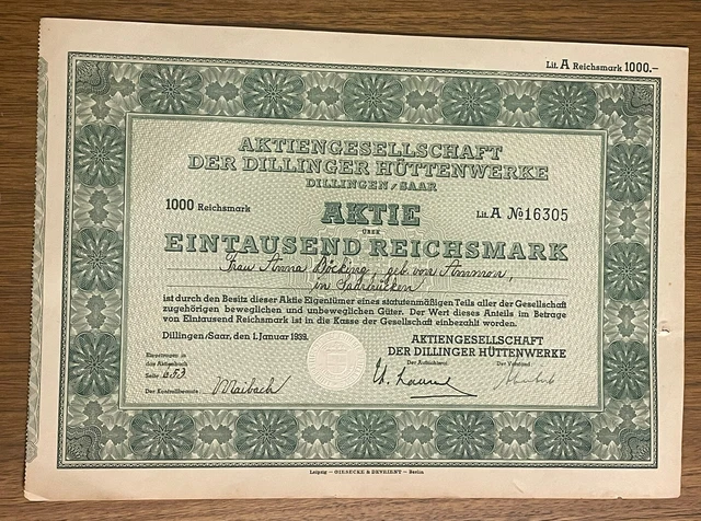 1939 GERMAN STEEL Fabricator Stock Certificate (Dillinger Hüttenwerke ...