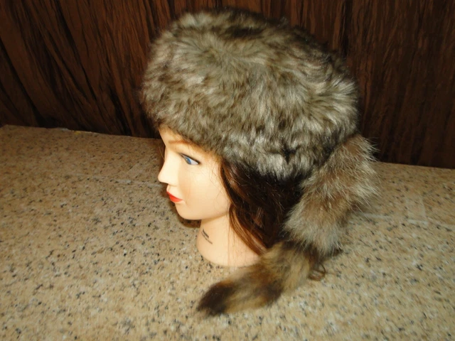 DAVY CROCKETT STYLE RACCOON TAIL Coon HAT Cap ADULT L Faux Fur LOT AA £ ...