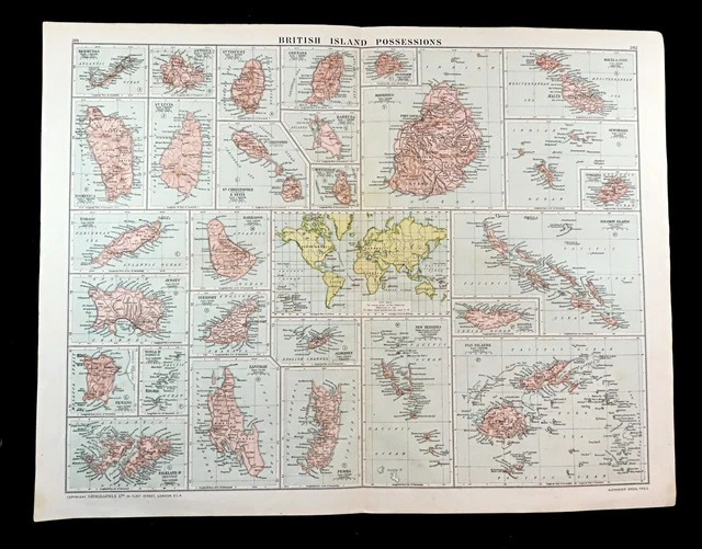 BRITISH EMPIRE MAP Island Territory Colonial Lands Post WW1 Antique ...