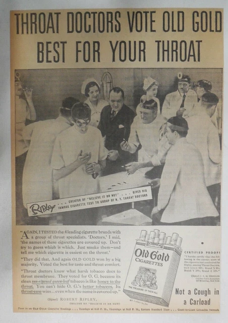 OLD GOLD CIGARETTE Ad: Robert Ripley with Throat Doctors 1930's 10 x 15 ...