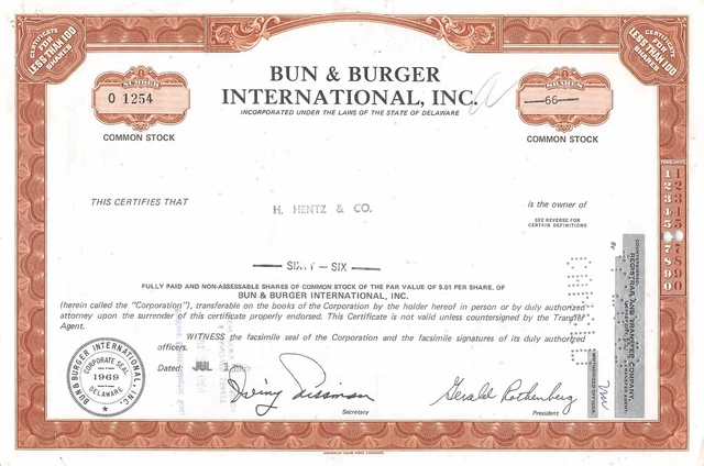 BUN & BURGER International Inc Certificate 1969 Delaware $15.87 - PicClick
