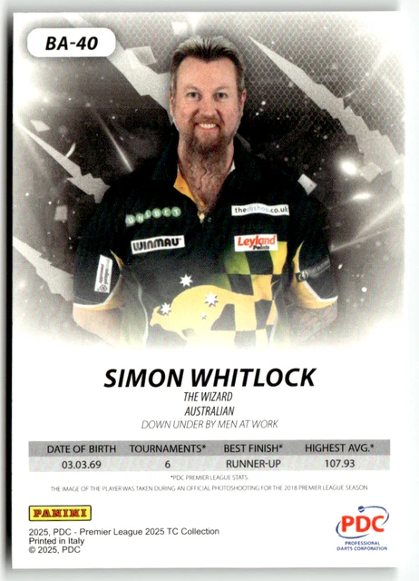 PANINI 2025 PDC World Championship Darts N º BA-40 Simon Whitlock EUR 2 ...