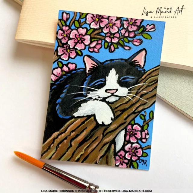 ORIGINAL ACEO PAINTING Black White Cat Sakura Blossom Art by Lisa Marie ... ORIGINAL ACEO PAINTING Black White Cat Sakura Blossom Art by Lisa Marie ...