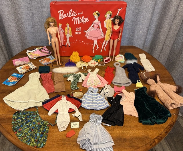 VTG 1963 MATTEL Barbie & Midge Dolls Clothes Lot Case 60's Red Japan ...
