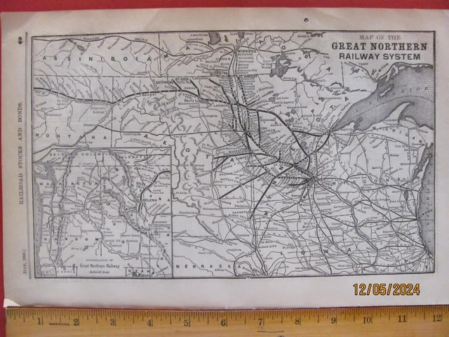 1890 GREAT NORTHERN RAILROAD ORIG SYSTEM ROUTE MAP in MN ND MN ID WA £ ...
