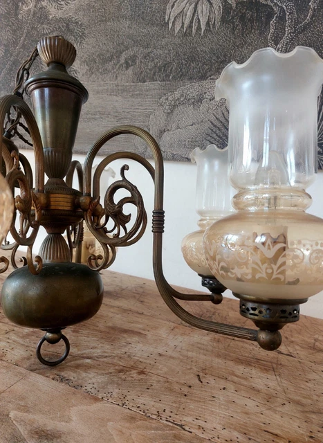 MAGNIQUE ANCIEN LUSTRE Plafonnier 6 branches en Bronze, coupelles verre ...