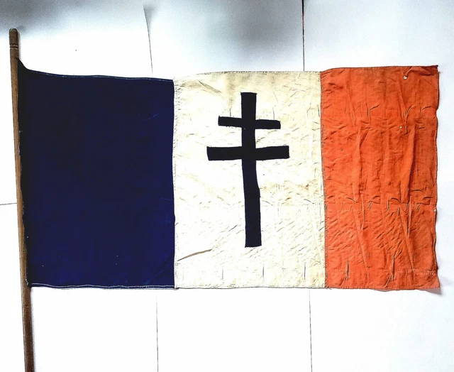 WW2 DRAPEAU FANION FFI authentique cousu croix de Lorraine résistance ...