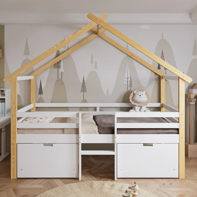 WOODEN HOUSE BED with Storage Drawers for Kids 3 FT Single Tree House ...