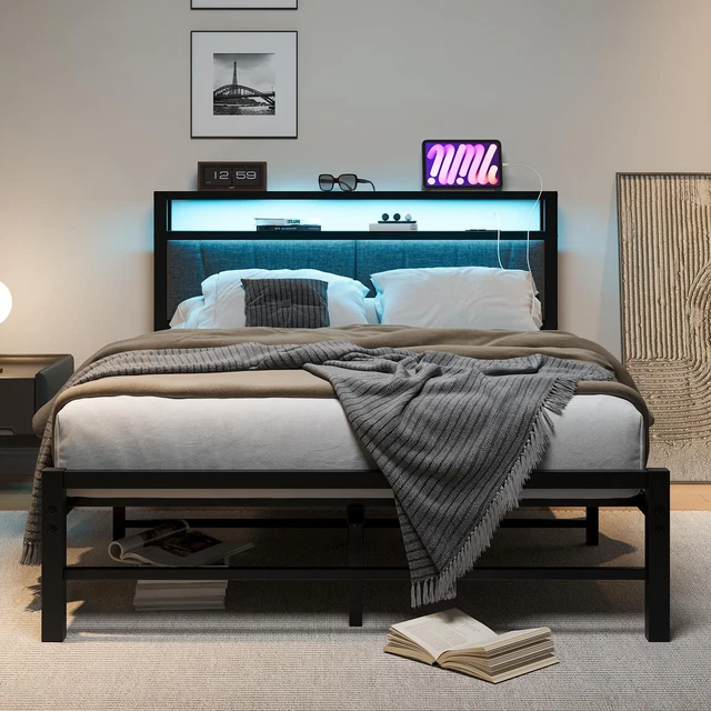 KING SIZE BED Frame with Storage and LED Lights,5Ft Metal Platform Bed ...