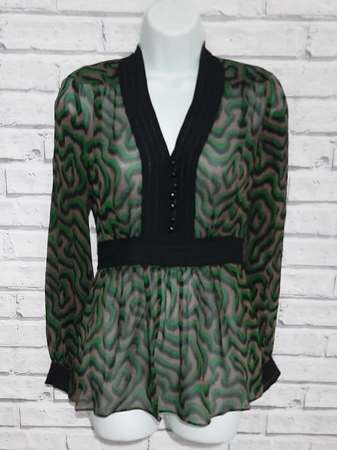 JAEGER 100% SILK Forest Green Wavy Print Long Sleeve V Neck Empire Top ...