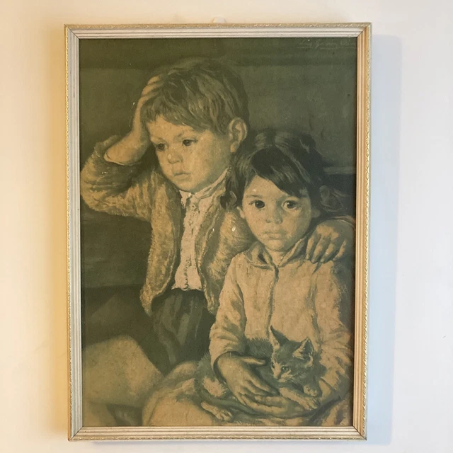 LUIS GARCÍA OLIVER Girl And Boy With Cat Framed Print/ Reproduction 70s ...