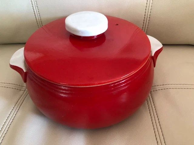 VINTAGE HALL POTTERY Chinese Red Covered Casserole Bean Pot White ...