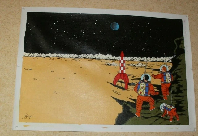 TINTIN HERGÉ TABLEAU TINTIN Superbe 100% fait main HUILE sur Toile 69cm ...