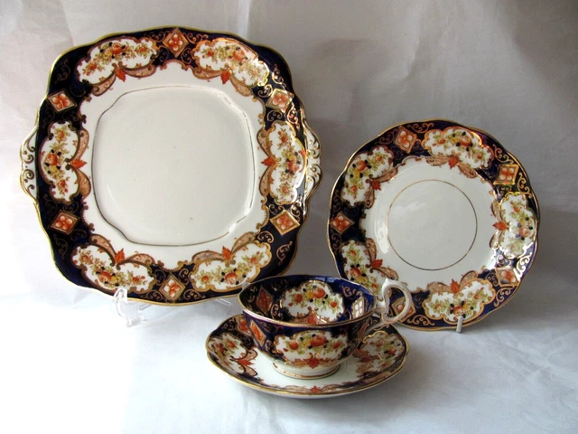 ANTIQUE ROYAL ALBERT Crown China Imari Pattern Trio + Cake Plate Early ...