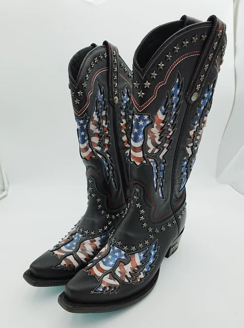 LANE OLD GLORY Men’s Leather Cowboy Boots Size 8 1/2 Flag Inlay Star ...