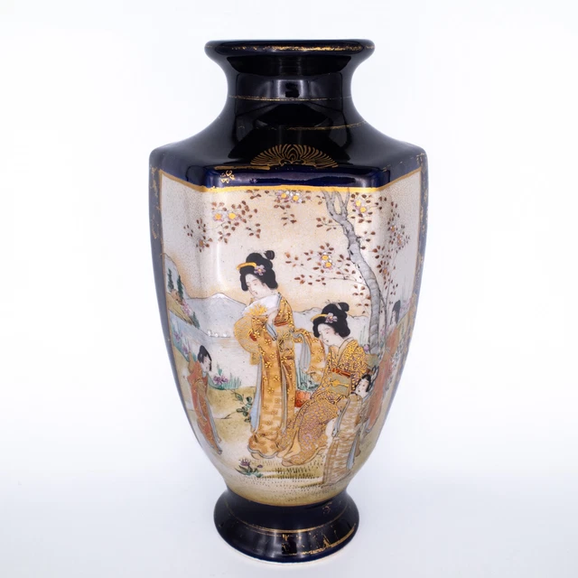 ANTIQUE JAPANESE COBALT Blue Hexagonal Satsuma Pottery Vase by Kusube ...