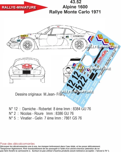DECALS 1/12 REF 4352 Alpine Renault A110 Vinatier Rallye Monte Carlo ...
