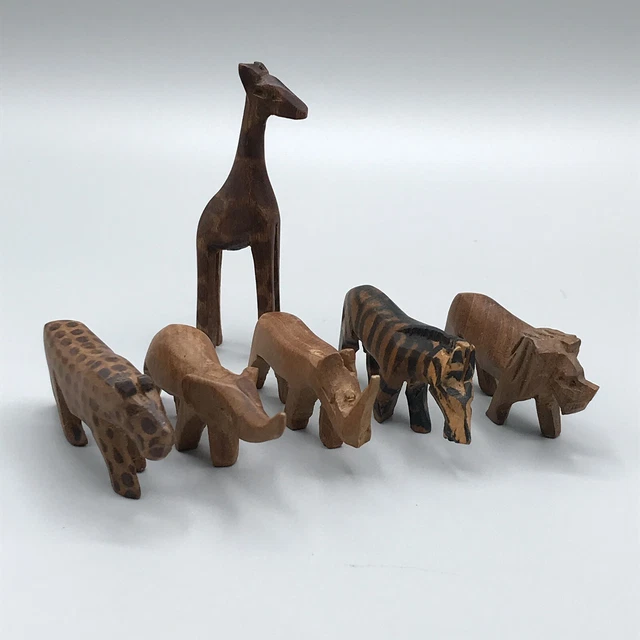 6 MINIATURE HAND Carved Wood Animals African Safari Zebra Lion Rhino ...
