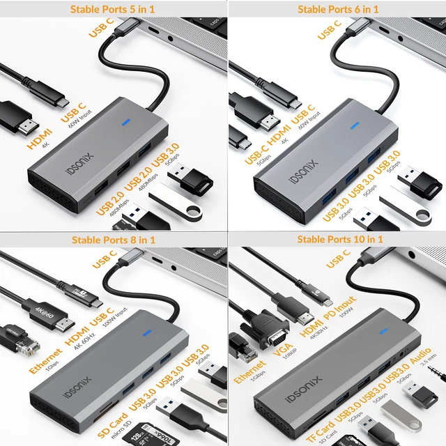 IDSONIX 4/5/6/8/10/11IN1 USBC Hub Ethernet Multiport TypC Adapter PD ...