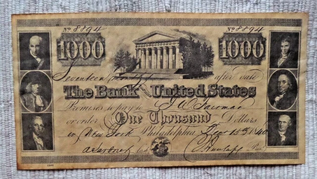 BANK OF UNITED States One Thousand Dollars Note 1840 Repro Silvernails ...