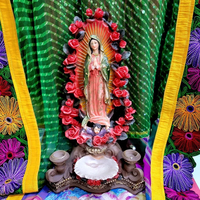 VIRGEN DE GUADALUPE Statue with Roses And Candle Stand 15 X 7 Inch ...