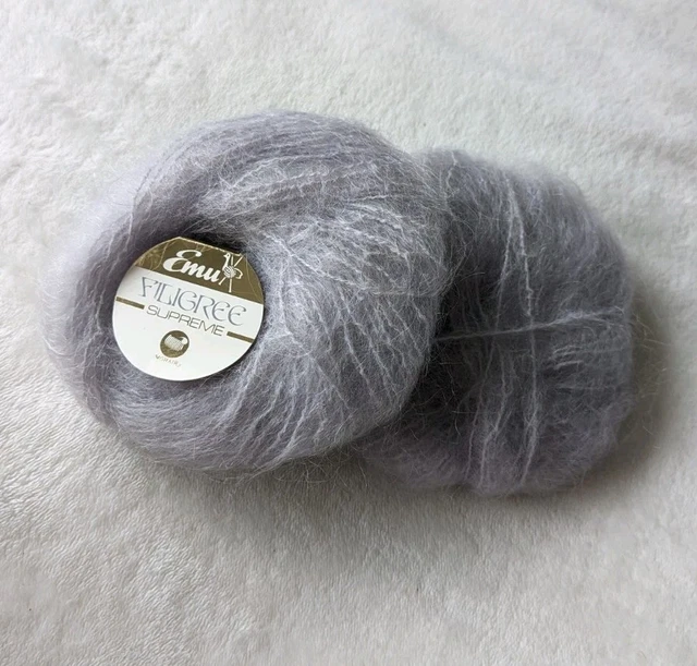 VINTAGE EMU FILIGREE Supreme Mohair Yarn 2 X 25g Silver Grey 77% Mohair ...