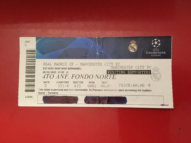 REAL MADRID MANCHESTER City Champions League TICKET STUB Santiago ...
