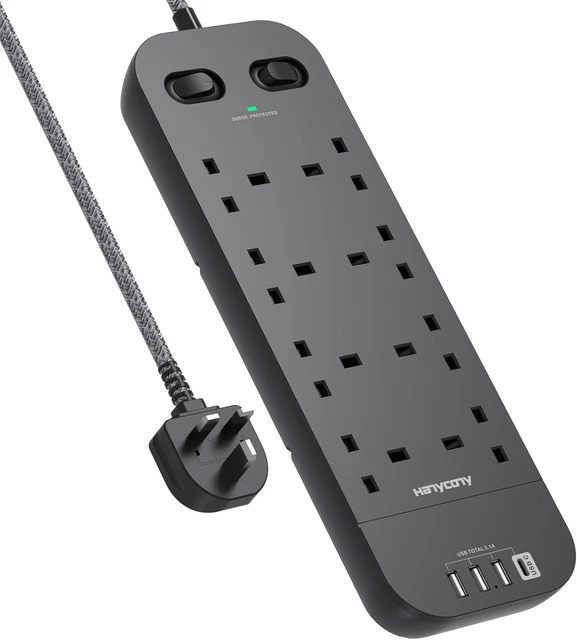 BLACK EXTENSION LEAD, 8 Way Outlets Power Strip with 4 USB Ports, 1.8M ...