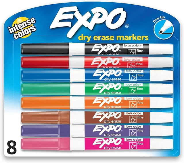EXPO 86601 LOW Odour Dry Erase Markers, Fine Tip, Assorted Colours, 8 ...