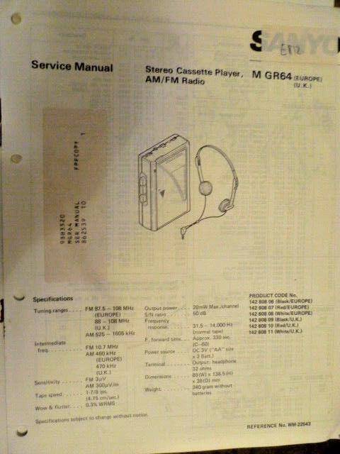 SANYO M-GR64 GR72 Radio Cassette ORIGINAL Service Manual £7.81 ...