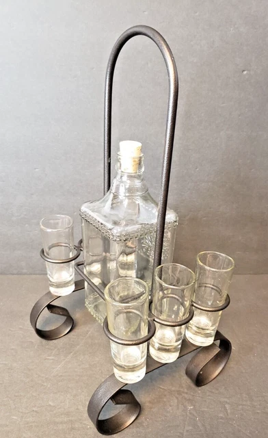 VINTAGE IRON CARRIER with Tequila Bottle & 6 Shot Glasses | Barware Set ...
